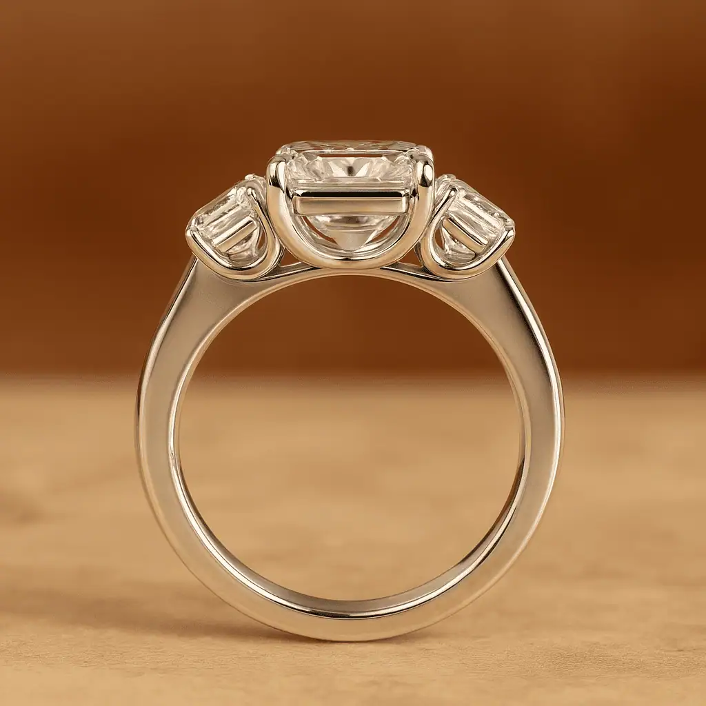 4.40 Carat Trellis Setting 3 Diamonds Emerald Cut Engagement Ring ...